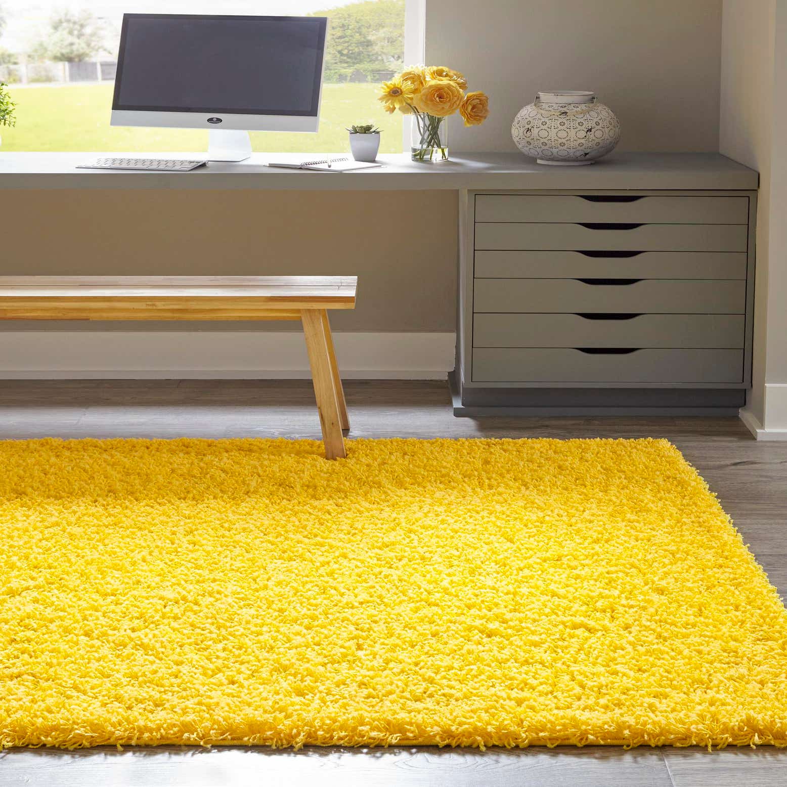 Tuscan Sun Yellow 5' x 8' Solid Shag Rug | eSaleRugs