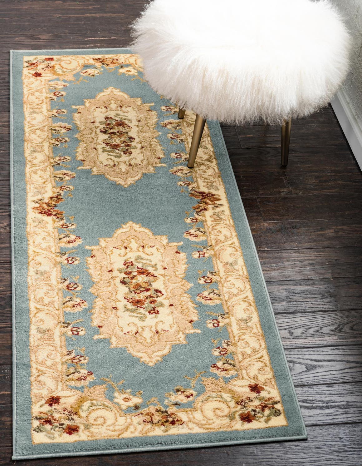 Light Blue 80cm x 305cm Classic Aubusson Runner Rug | AU Rugs