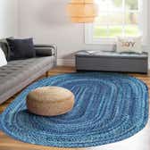 Blue 8' x 10' Hand Braided Chindi Oval Rug | Rugs.com
