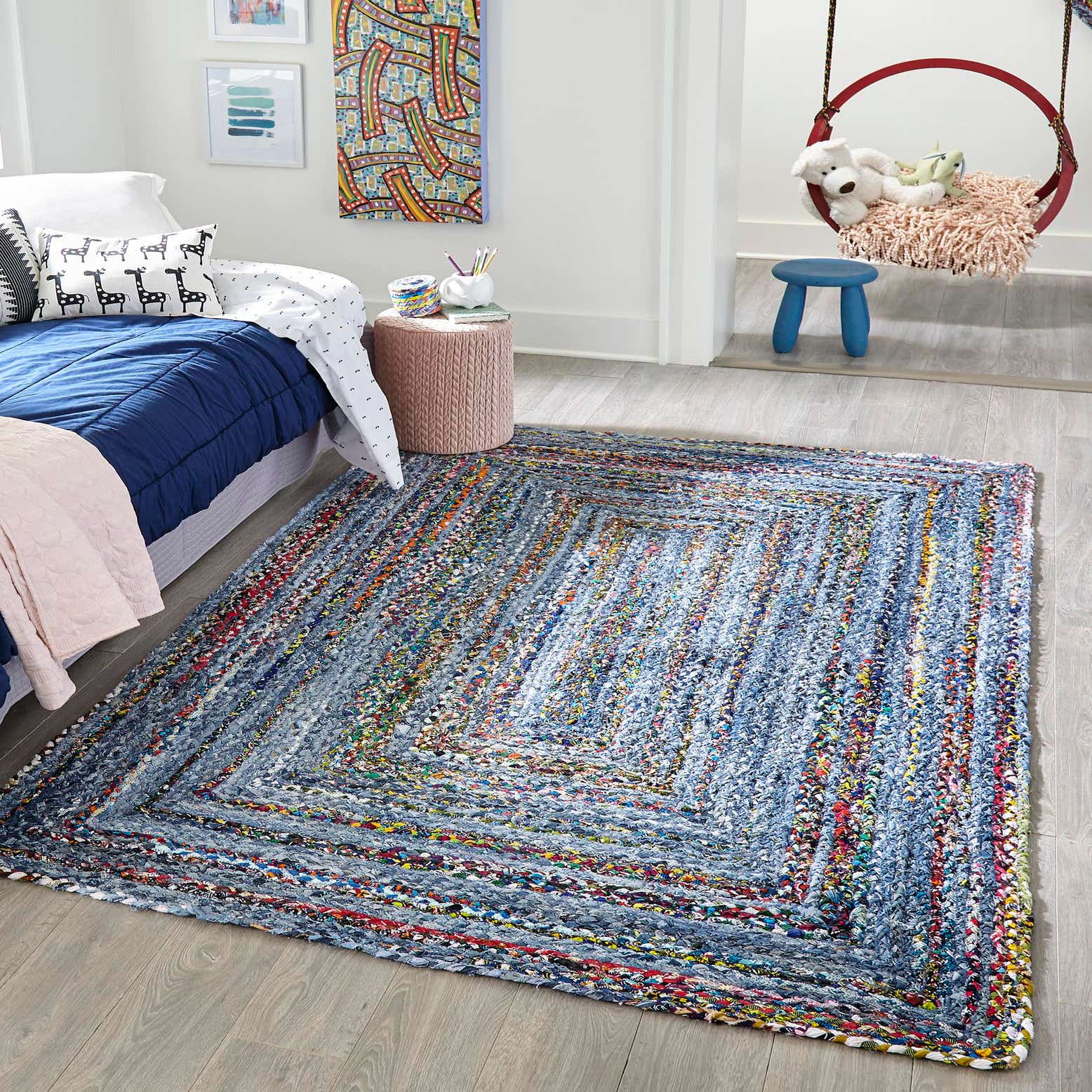 Blue 2' x 3' Braided Chindi Rug | HandKnotted.com