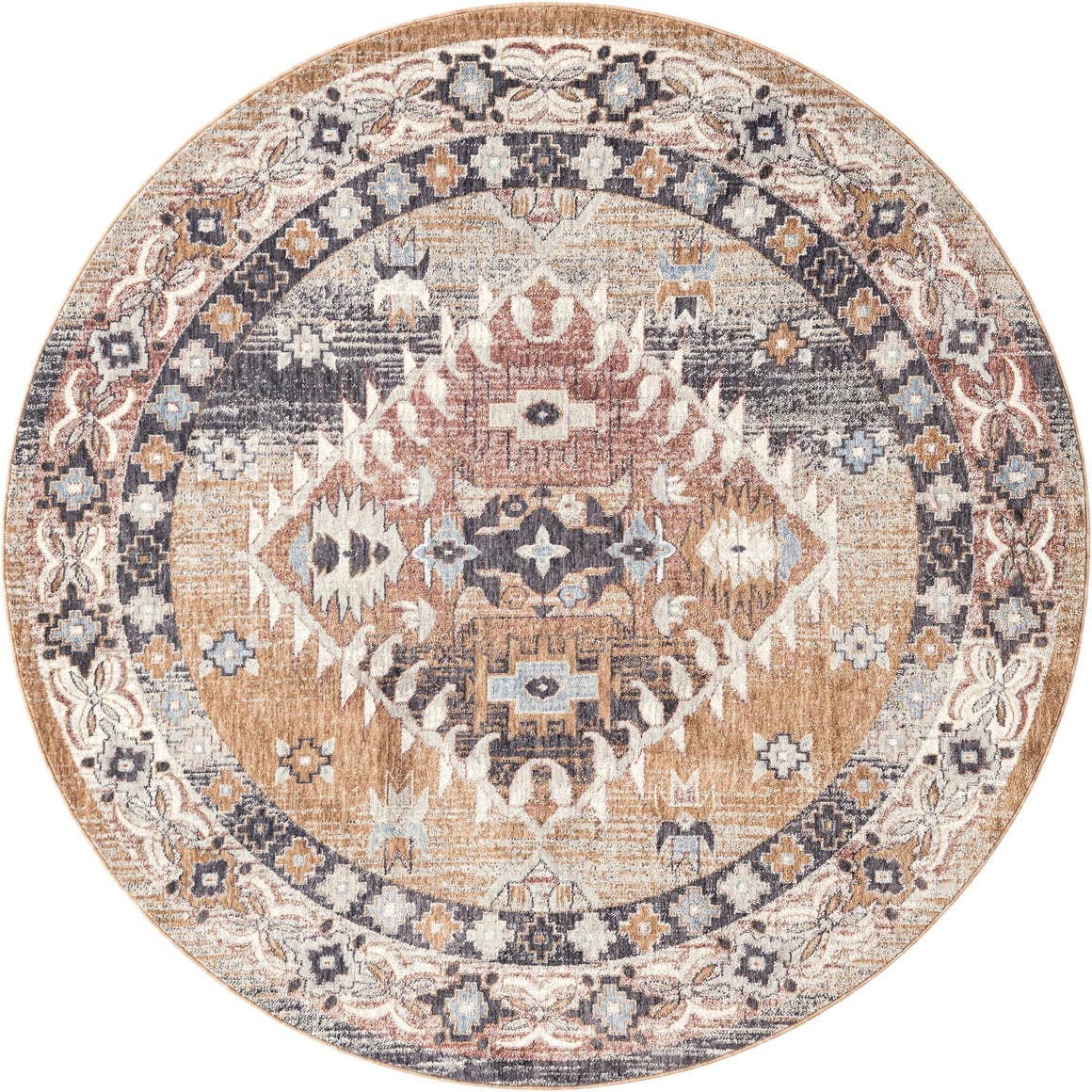 Khaki Gray 7' x 7' Eco Southwestern Round Rug | Rugs.com